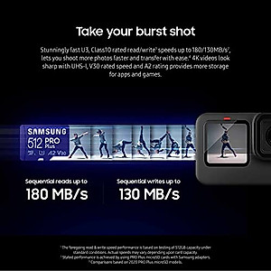 SAMSUNG PRO Plus microSD Memory Card + Adapter, 512GB MicroSDXC, Up to 180 MB/s, Full HD & 4K UHD, UHS-I, C10, U3, V30, A2 for Android Phones, Tablets, GoPRO, DJI Drone, MB-MD512SA/AM, 2023