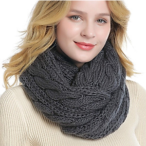 QUEENFUR Winter Women Thick Cable Knit Ribbed Infinity Circle Loop Scarf (16- Dark Grey Beanie and Scarf Set)