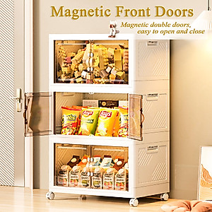 Jacriah Plastic Drawer Storage Bins with Lid, Stackable Storage Bins Open Front, Closet Organizers and Storage Cabinet with Doors and Shelves, Collapsible Storage Bins with Wheels (3 Layer-28 Gallon)