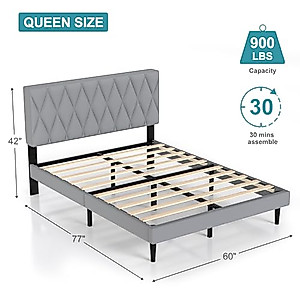 IYEE NATURE Queen Bed Upholstered Platform with Headboard and Strong Wooden Slats, Strong Weight Capacity, Non-Slip,No Box Spring Needed, Easy Assembly,Gray