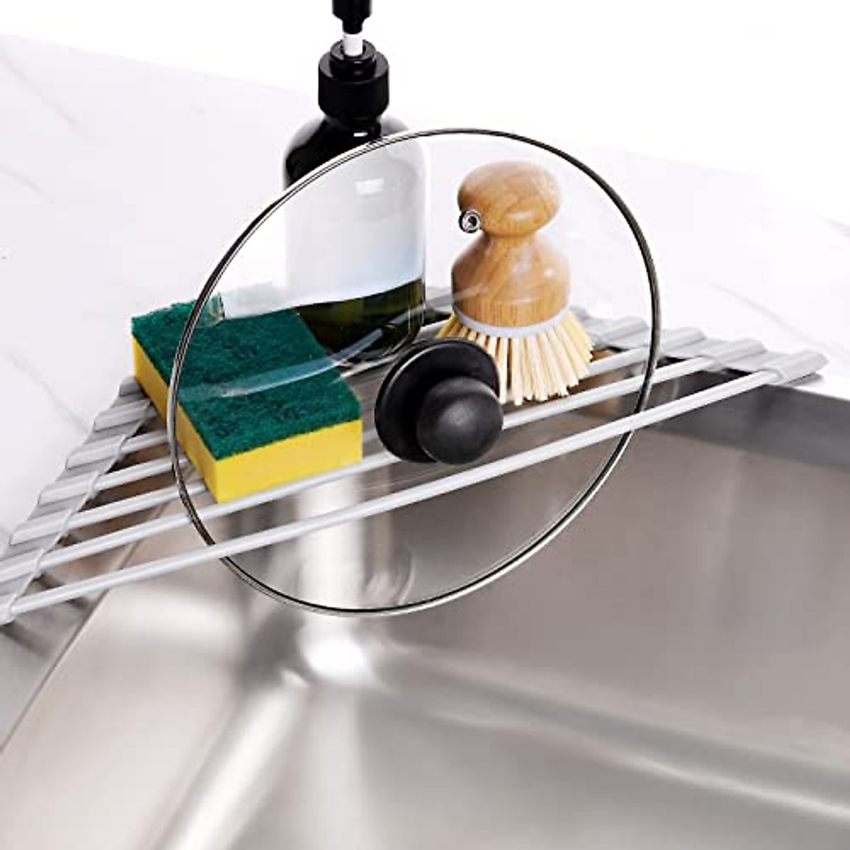 Triangle Roll-Up Dish Drying Rack - Small Foldable Silicone Coated for Sink Corner, Stainless Steel Over Sink Organizer, Drainer Caddy and Space Saver for Multipurpose Kitchen Storage (Gray)