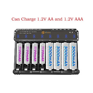 NL8 1.5V 1.2V Universal Battery Charger 8Bay, Rechargeable Battery Charger with C USB Input, AA AAA Battery Charger for 1.5V/1.2V/14500 Li-ion Rechargeable AA AAA Batteries