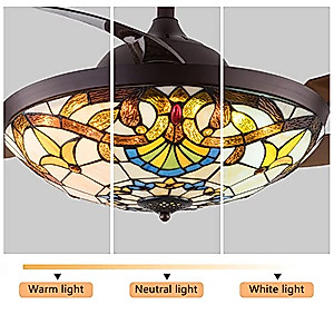 Yaminie 42" Tiffany Invisible Ceiling Fan,Retractable Invisible Ceiling Fan Retro Stained Glass LED Chandelier 3 Speeds 3 Light Changes Fandelier Chandelier Fan for Bedroom Dining Living Room