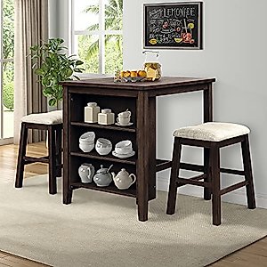 Bellemave 3 Piece Dining Table Set Counter Height Table Chair Set with 1 Table, 2 Padded Stools, Storage Shelf for Kitchen, Dining Room, Brown