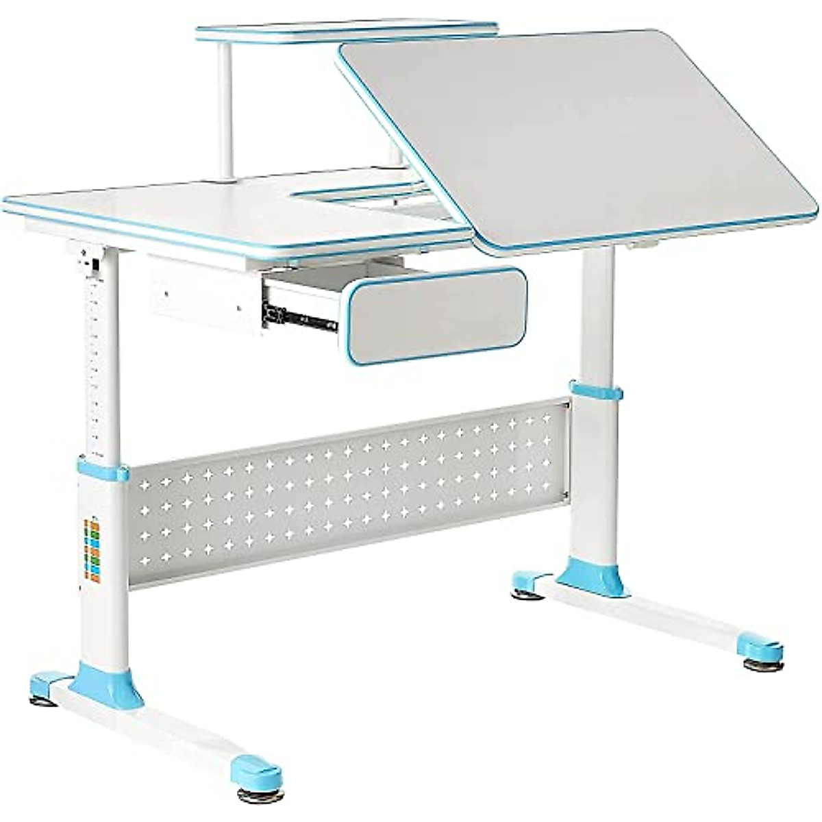 ApexDesk Little Soleil DX 43" Children's Height Adjustable Study Desk w/Integrated Shelf & Drawer (Desk+Chair Bundle – Blue)