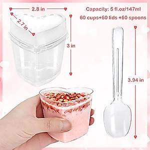 HawHawToys 60 Pack Dessert Cups with Lids and Spoons, 5 oz Heart Shaped Clear Plastic Appetizer Parfait cups for Mother's Day Gift, Wedding, Bridal Shower