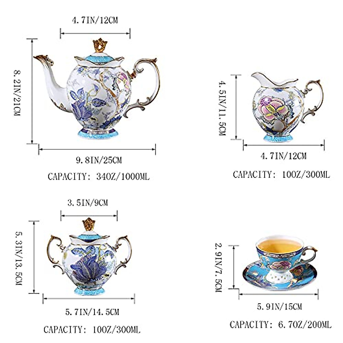 ACMLIFE Bone China Coffee Tea Sets, 21-Piece Porcelain Tea Cup Set, Tea Cup and Saucer Set Service for 6 with 34 Ounces Teapot,Sugar Bowl,Creamer Pitcher and Teaspoons, Christmas Gifts for Women