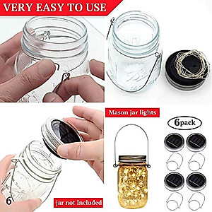 6 Pack Solar Mason Jar Lights With 6 Handle/2 Fairy Sticker, 30 LED Solar Mason Jar Lids Fairy Lights Outdoor For Party Patio Garden Decor Solar Fairy Lanterns Table Lights Warm White(No Jars)