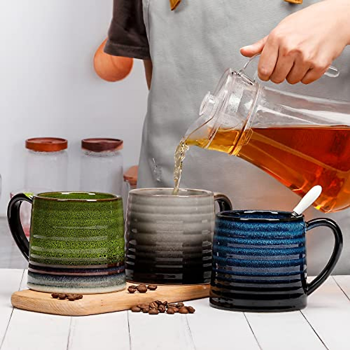 Otevymu 18 Oz Large Ceramic Coffee Mug, Big Handmade Pottery Tea Cup for Office and Home, Big Handle Easy to Hold, Microwave and Dishwasher Safe, Stylish Texture Glaze (Ink Green)