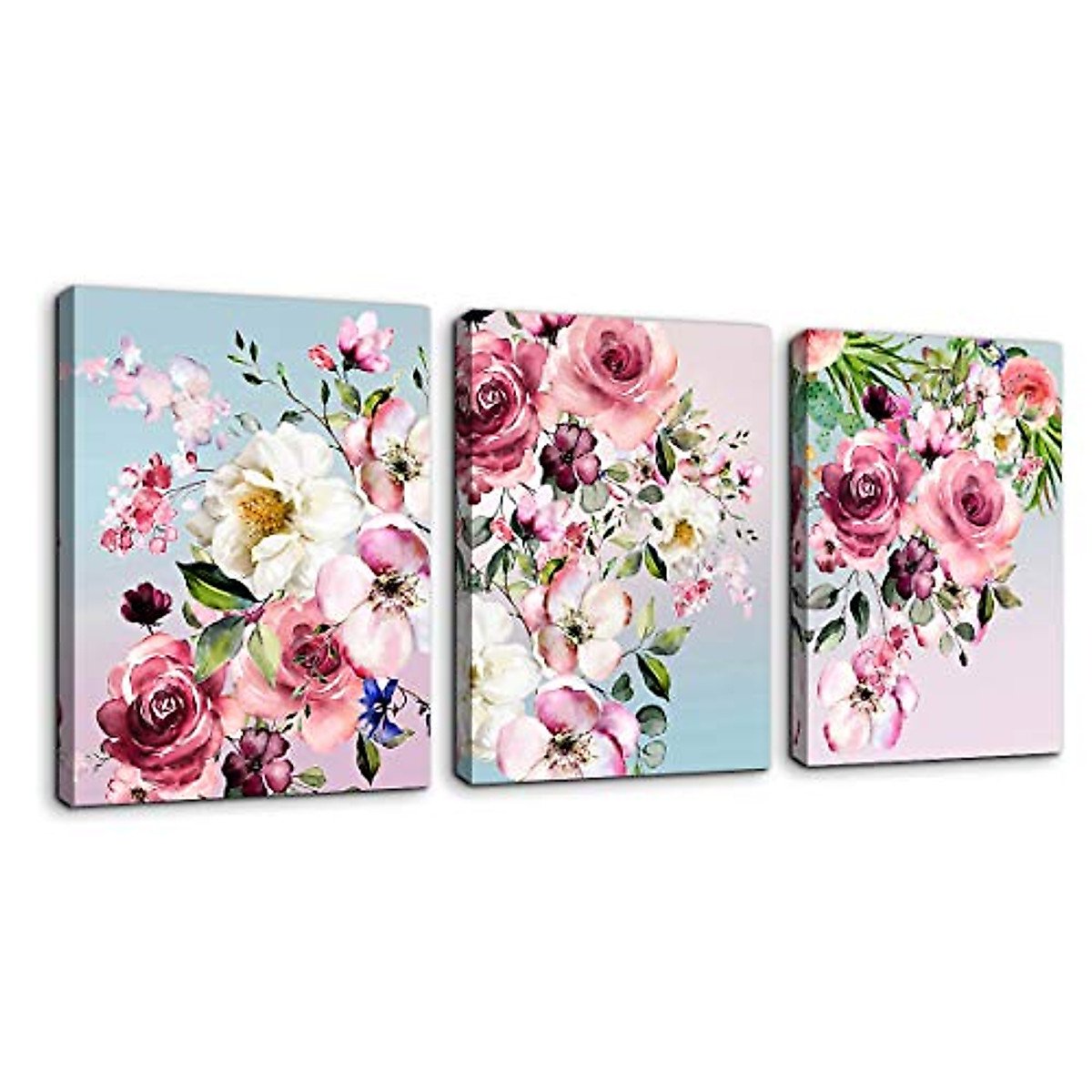 Flower Canvas Wall Art for Bedroom Woman Wall Decor Pink White Flowers Picture 3 Piece Framed Artwork Modern Plant Floral Canvas Prints for Kitchen Home Bathroom Girls Room Wall Decoration 12"x16"