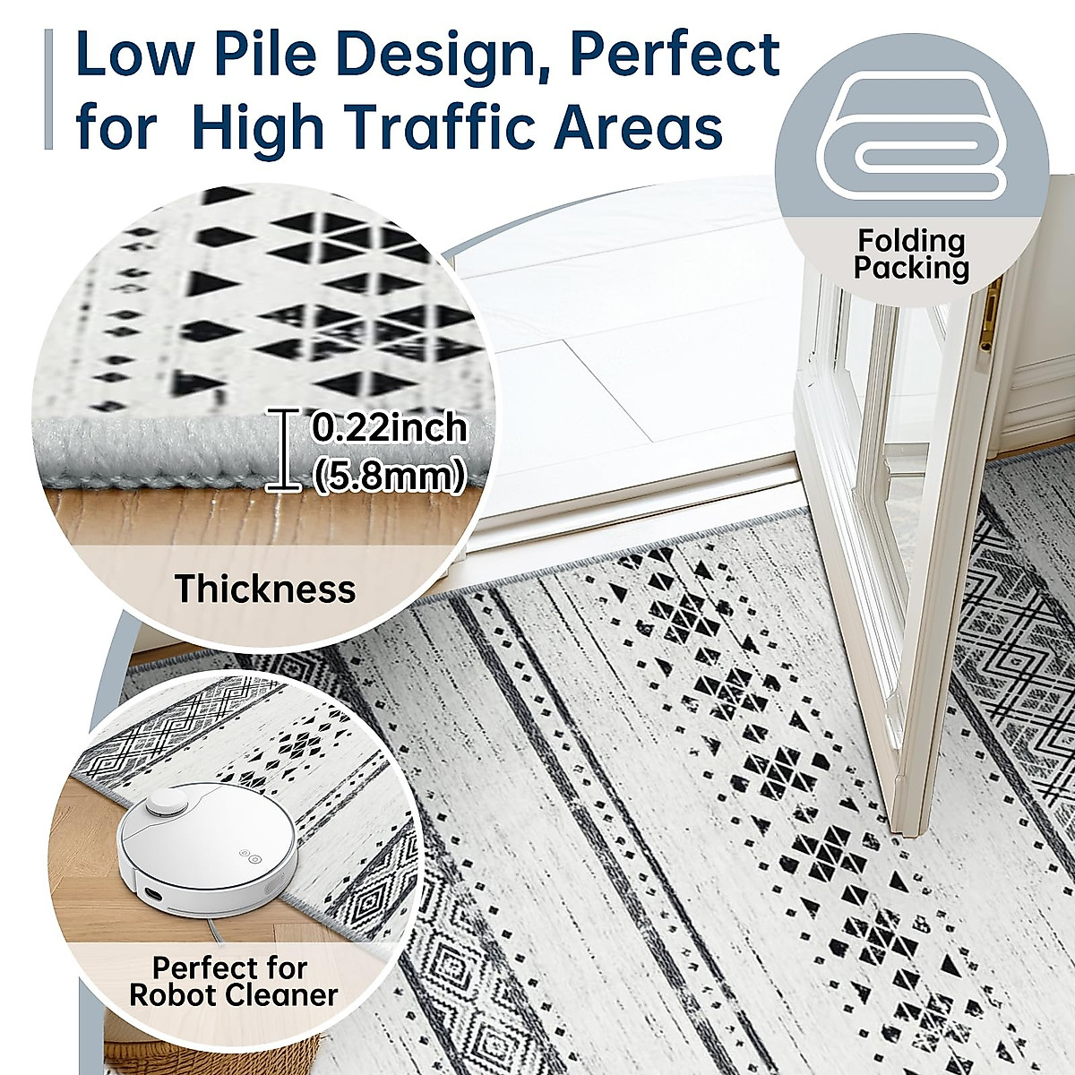 BESTSWEETIE 8x10 Area Rugs for Living Room Washable Moroccan Farmhouse Neutral Geometric Low Pile Non-Slip Soft Print Pattern Rug for Bedroom Kitchen Dining Room Entryway Grey/Black/Navy