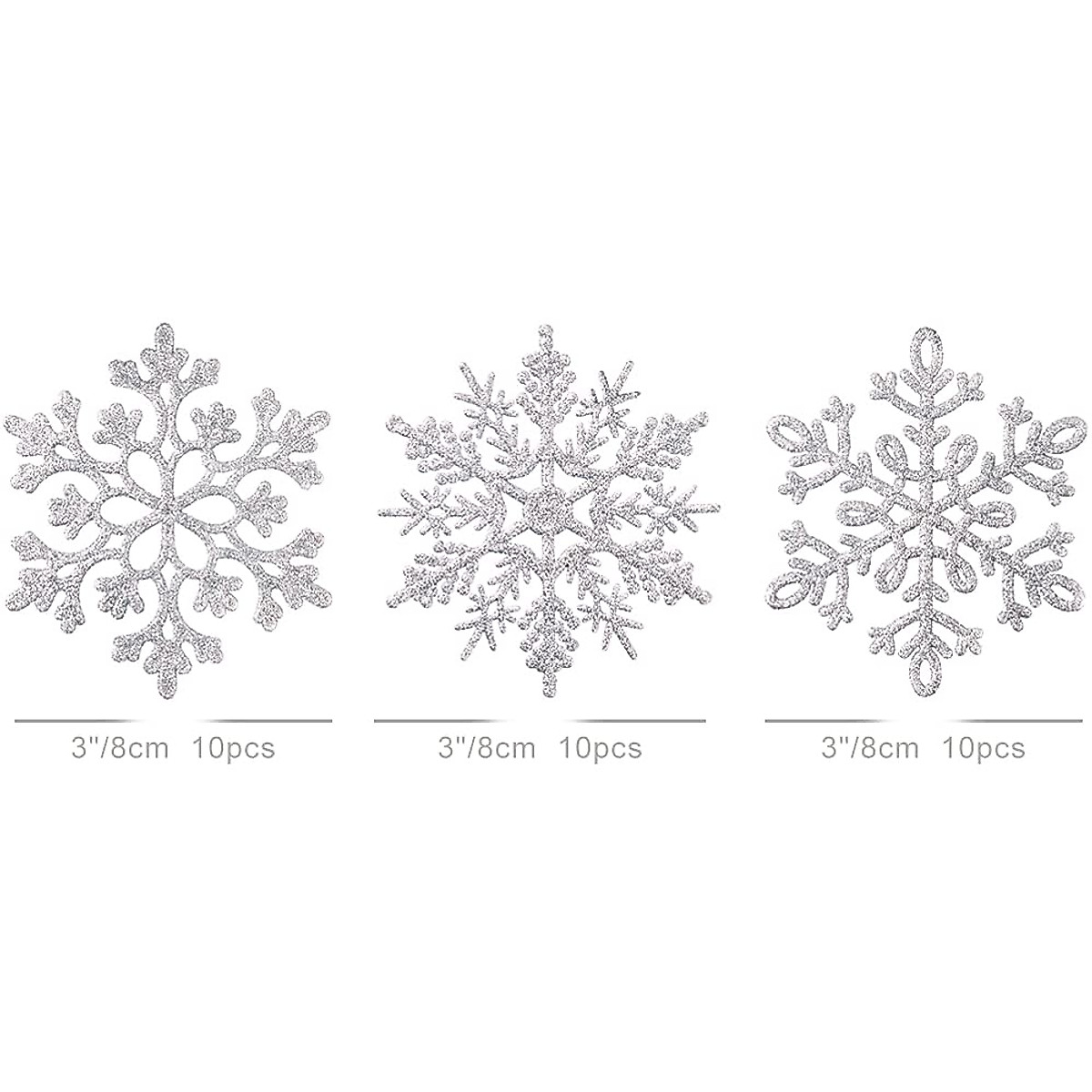 XmasExp 80mm/3inch Glitter Snowflake Ornaments Set Mini Christmas Tree Hanging Plastic Decoration for Xmas Party Wedding Anniversary Window Door Home Accessories (30pcs,Silver)