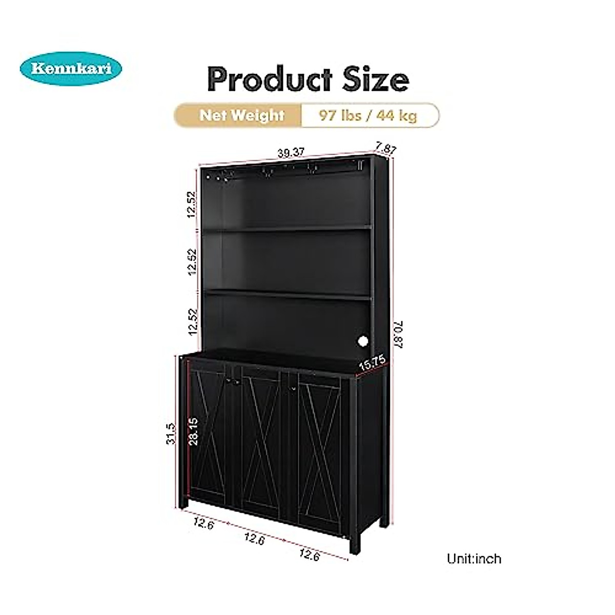 Kennkari Wine Bar Cabinet for Liquor and Glasses, Wine Storage Cabinet with Storage, Bars & Wine Cabinets, Tall Liquor Cabinet Bar for Home, Alcohol Cabinet Furniture (Black)