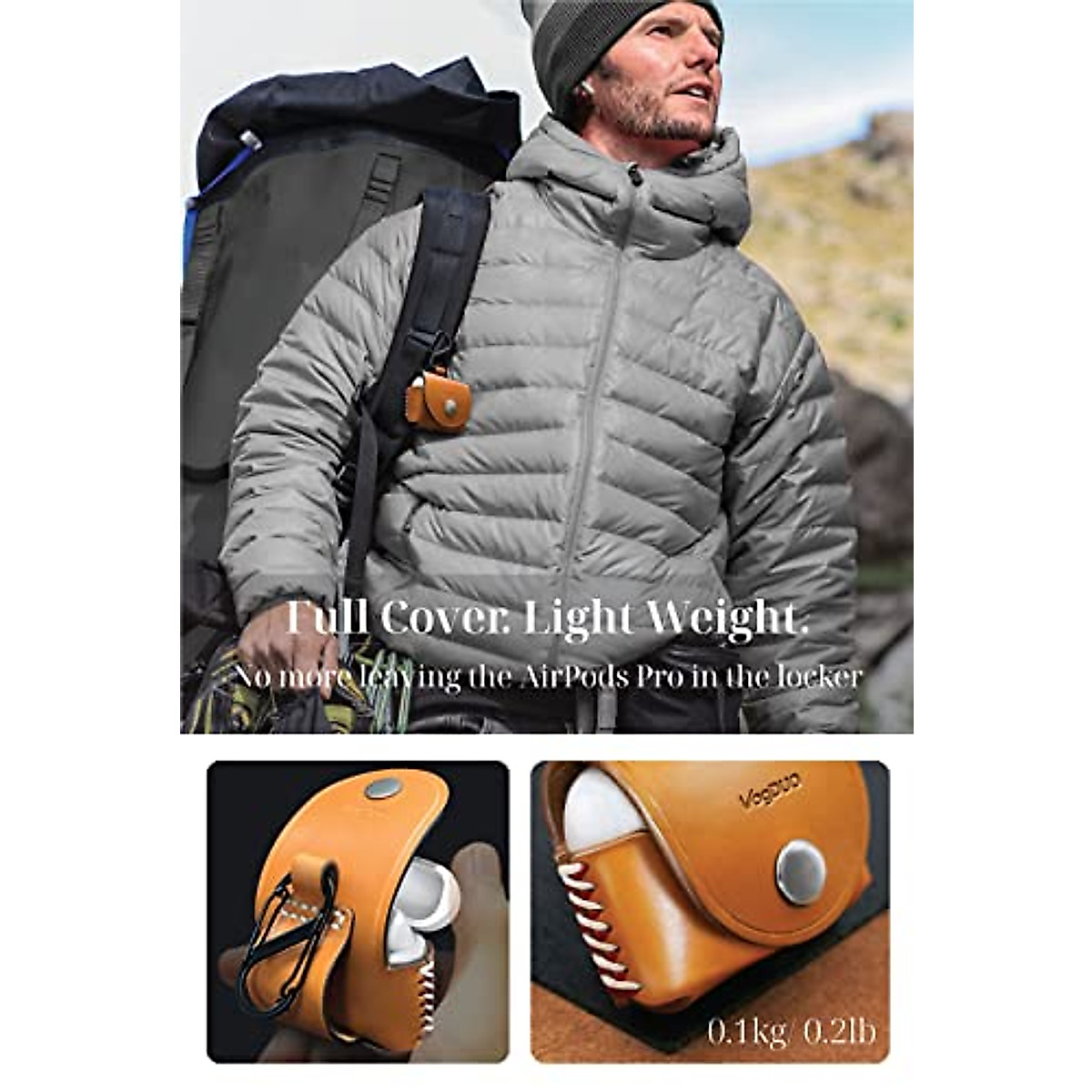 VogDUO Genuine Leather AirPods Pro Cover - Handcrafted Protective Case Anti-Lost Belt Loop with S Hook for Backpack, Compatible with Apple AirPod Pro/2 (Tan, Brown)