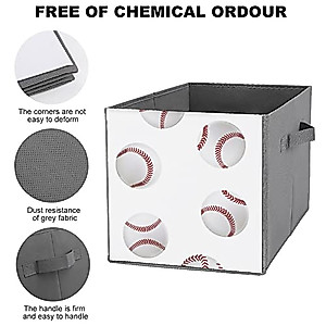 Baseball Leather Ball Storage Bins Cubes Foldable Fabric Organizers with Handles Clothes Bag Book Box Toys Basket for Shelves Closet 10.6"