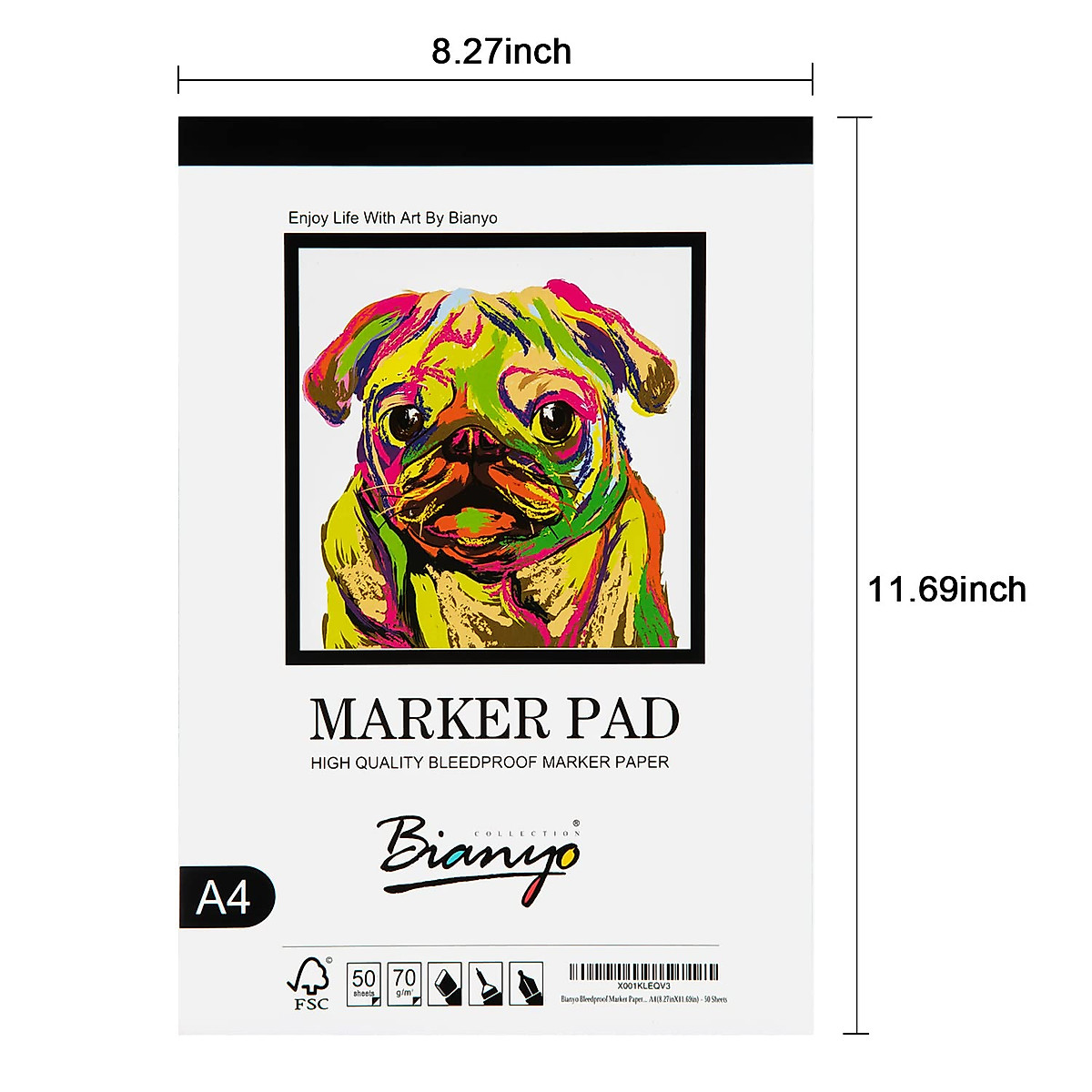 Bianyo Bleedproof Marker Paper Pad, A4(8.27"X11.69"), 50 Sheets, 18 LB / 70 GSM, Glue-Bound, 100% Cotton, White, Ideal for Use with Markers and Ink Mediums