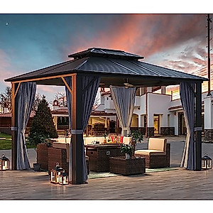 Aoxun 10'x 12' Hardtop Gazebo, Outdoor Dual-Layer Galvanized Steel Double Roof Aluminum Furniture Gazebo Canopy with Netting and Curtains for Deck Backyard Wedding Garden