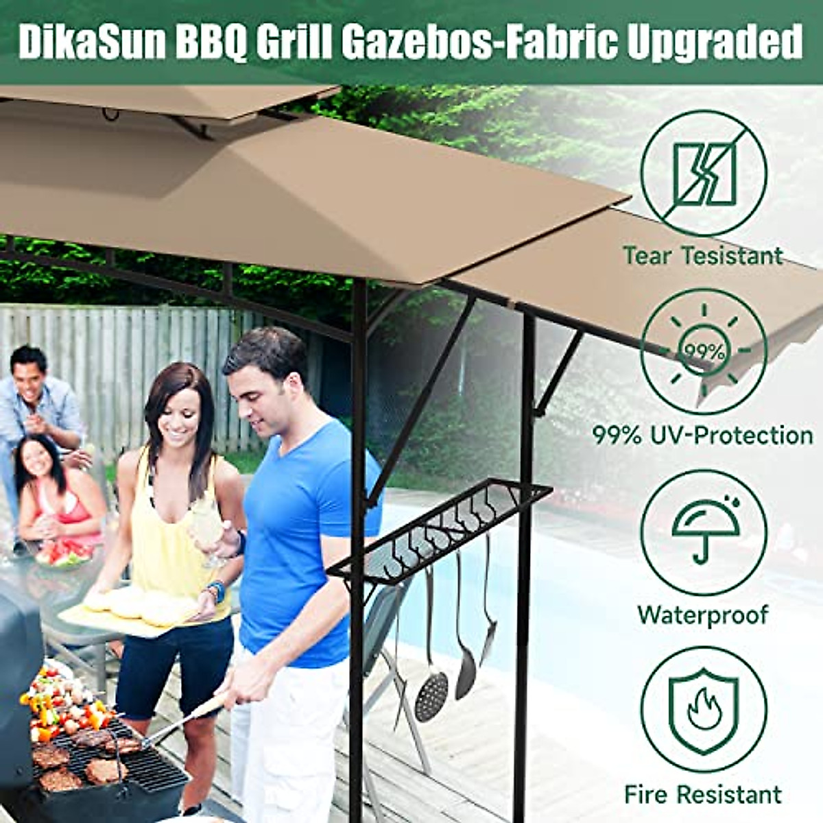 DikaSun Grill Gazebo 11x5 Double Tiered with Extra Shadow BBQ Waterproof Canopy Outdoor Gazebos for Patio, Backyard(Beige)
