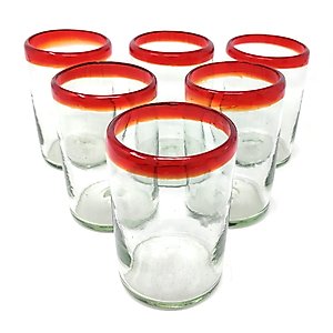 Dos Sueños Hand Blown Mexican Drinking Glasses - Set of 6 Glasses with Red Rims (14 oz each)