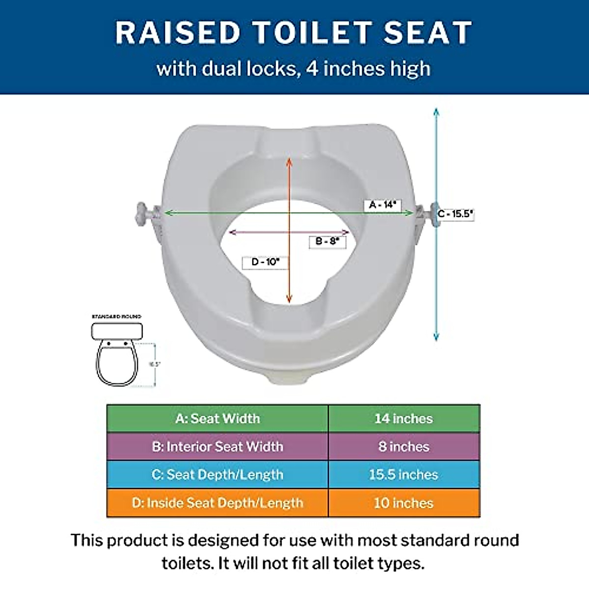 McKesson Raised Toilet Seat with Dual Locks, Fits Most Standard Toilets, 4 in H, 400 lbs Weight Capacity, 1 Count