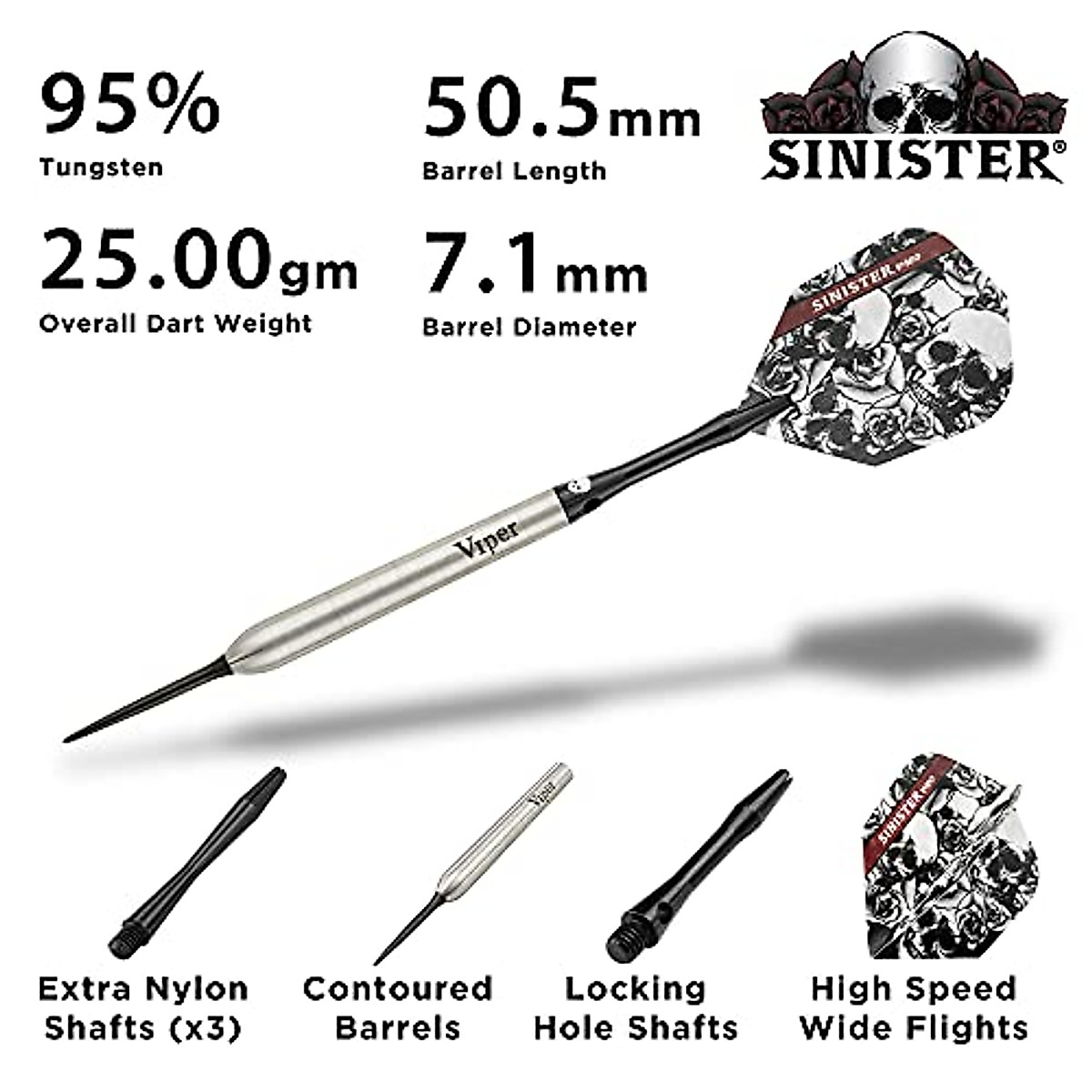Viper by GLD Products Sinister 95% Tungsten Steel Tip Darts, 25 Grams,Silver,23-3811-25
