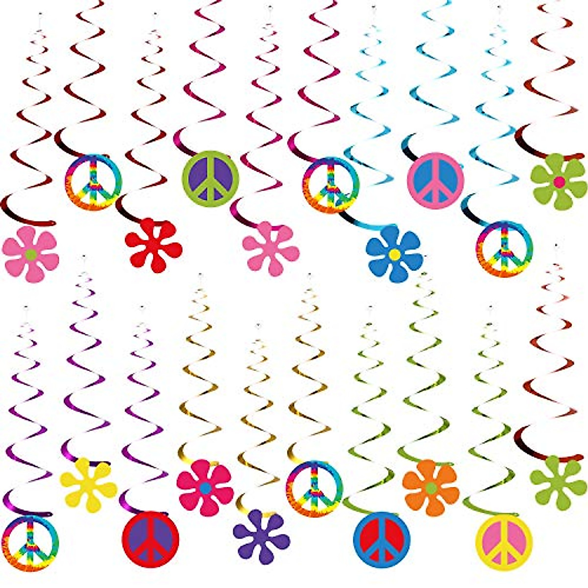 60's Hippie Theme Party Foil Swirl Decorations, 60s Groovy Party Retro Flower Cutouts Peace Sign Hanging Swirls Ceiling Decorations for 60s Hippie Theme Groovy Party Supplies, 30 Count (Simple)