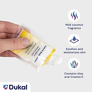 Dukal Moisturizing Lotion. Pack of 100 Hand & Body Lotion. Mild Coconut Fragrance Contains Aloe, Vitamin E, Alcohol-free formula Moisture Loss Prevention 0.35 oz Single-Use Packet. Scented Body Lotion