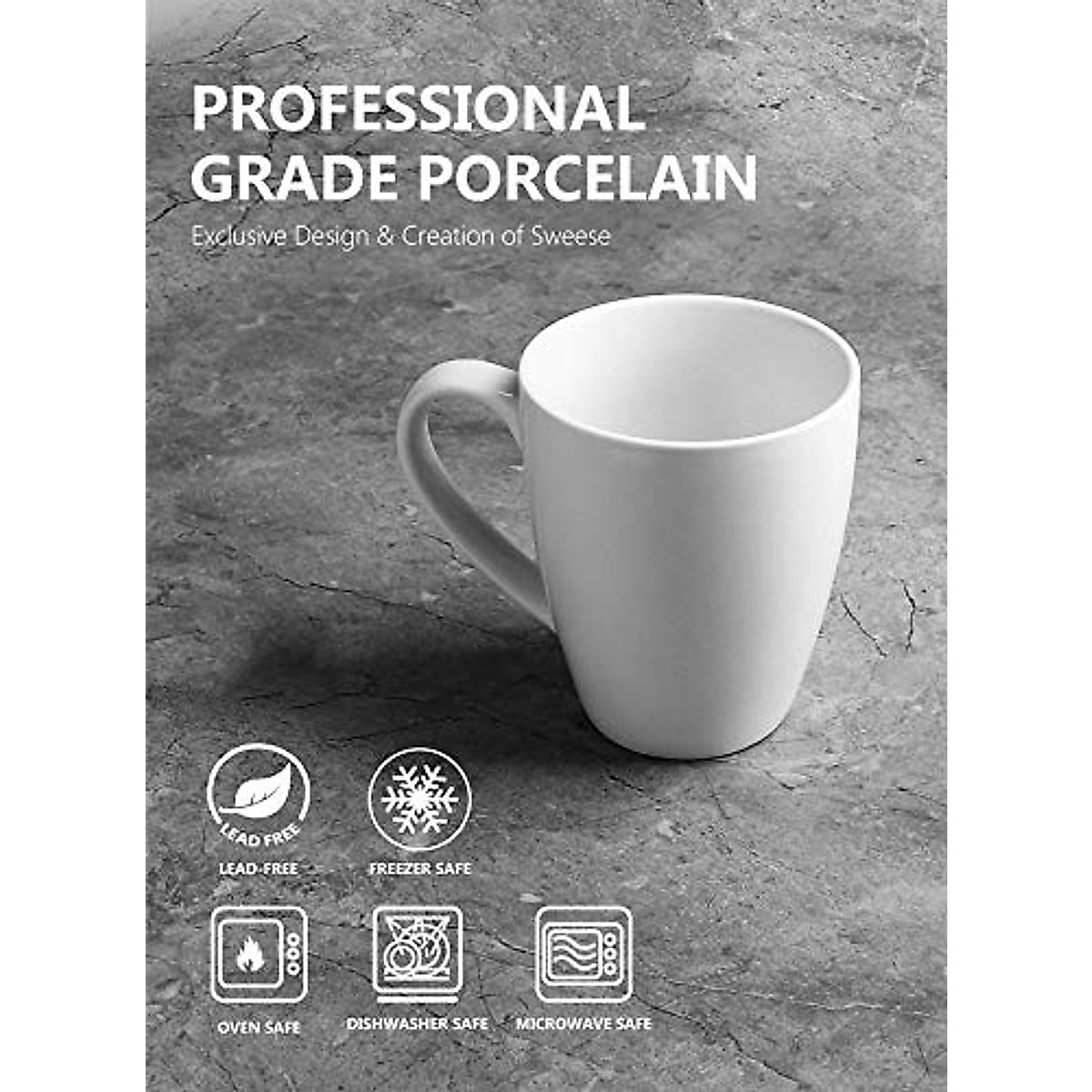 Sweese Porcelain Coffee Mugs - 16 Ounce - Set of 6, Cups for Latte, Hot Tea, Cappuccino, Mocha, Cocoa, 601.001 White