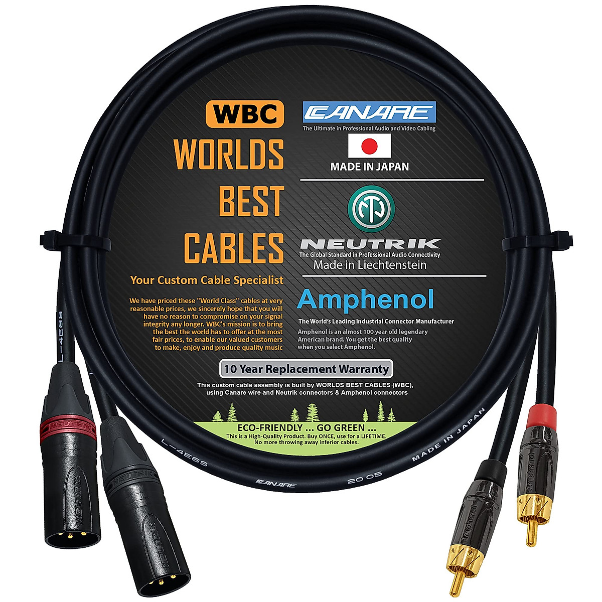 WORLDS BEST CABLES 4.5 Foot - RCA to XLR (Male) Cable Pair - Canare L-4E6S Star-Quad Audio Interconnect Cable & Amphenol ACPL RCA & Neutrik Male XLR Gold Plugs - CUSTOM MADE