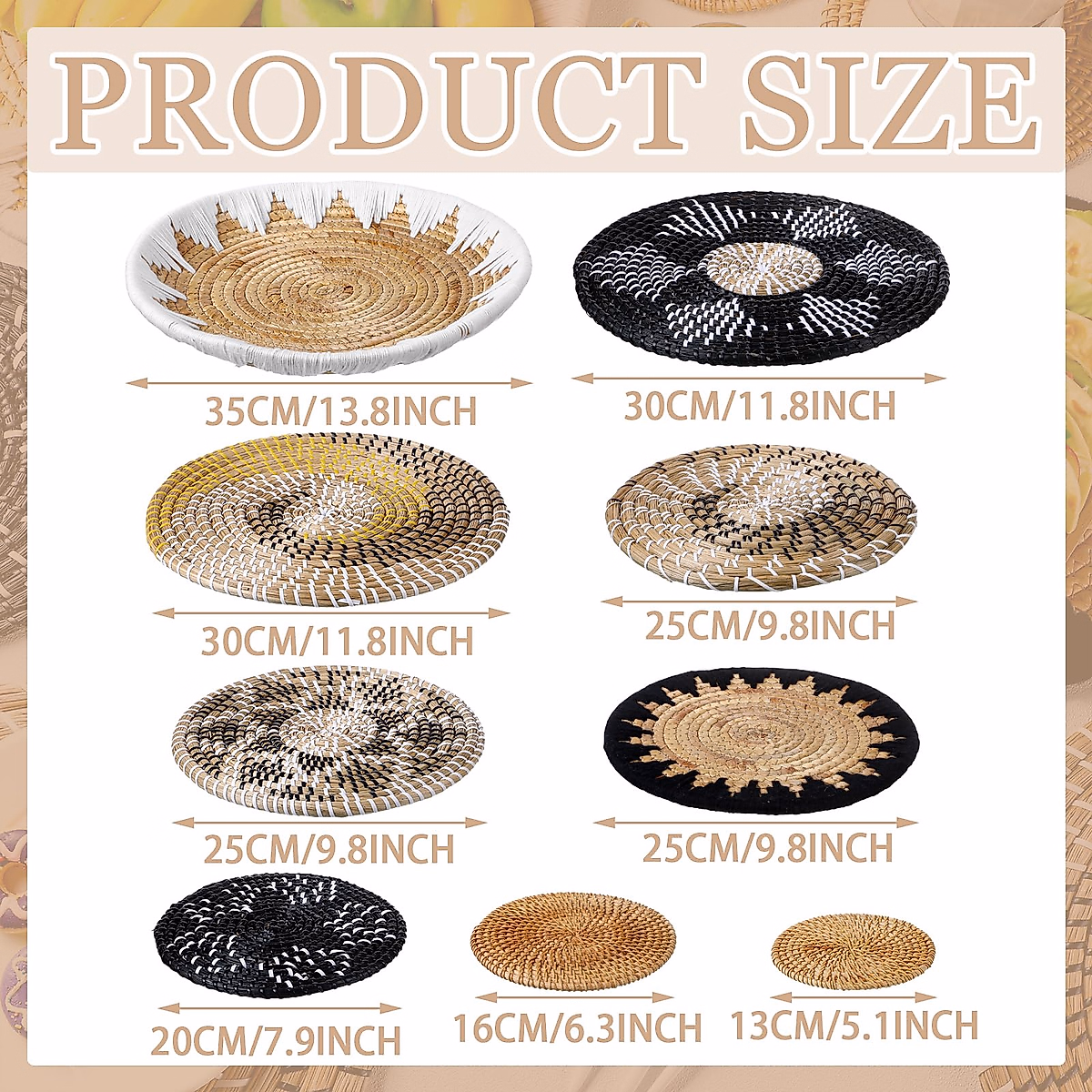 Xuhal 11 Pcs Boho Hanging Wall Basket Decor Handmade Woven Basket Wall Decorative Boho Wicker Baskets Placemats Round Farmhouse Wall Bulrush Art for Rustic Home Decorations Christmas Gift(Stylish)