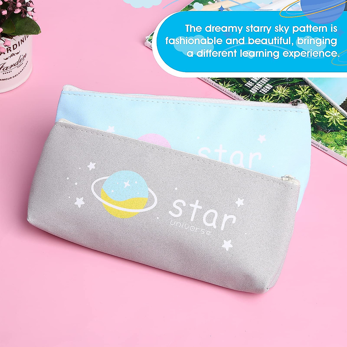 TIESOME 2Pcs Small Pencil Case, Cute Slim Design Leather Pencil Case Pouch Bag with Zipper Stationery Bag Portable Cosmetic Bag for Pen Pencils Markers(Gray+Blue)