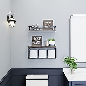 Floating Shelves with 2 Bathroom Wall Décor Sign, Bathroom Decor Sets Bathroom Wall Shelves Over Toilet with Paper Storage Basket, Wood Shelves for Wall Decor with Guardrail-Paulownia