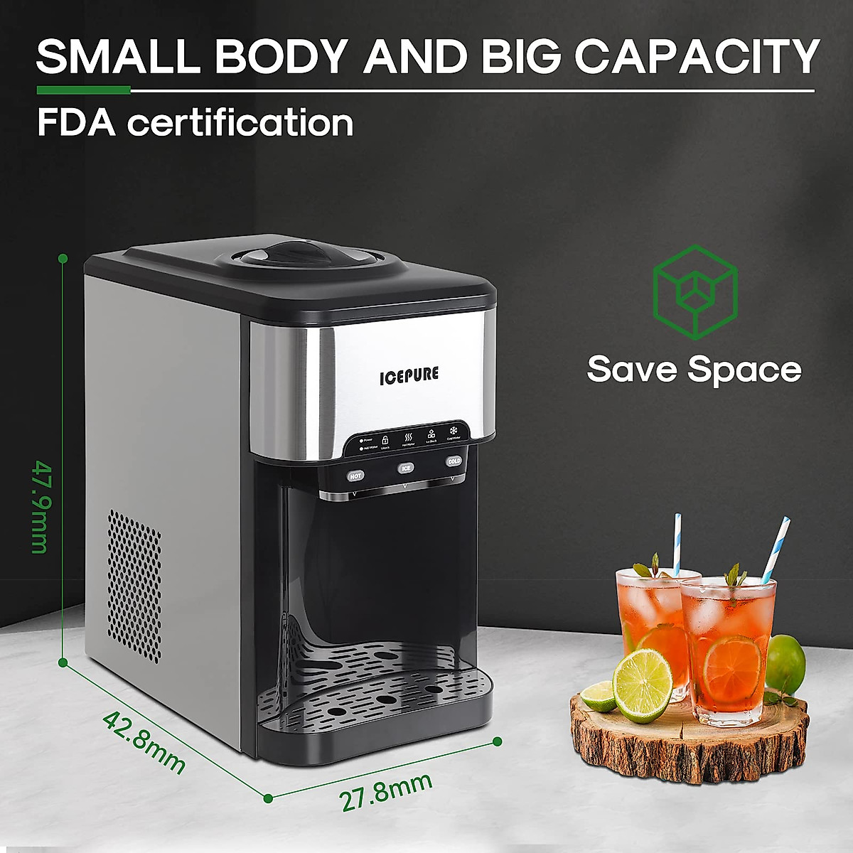 ICEPURE 3-in-1 Ice Maker with Water Cooler Dispenser, Top Loading, Quick Make hot, Cold Water & Bullet-Shaped ice Cube, 44lbs/24hrs, Countertop for Home/Office/Dormitorhoury, Silver