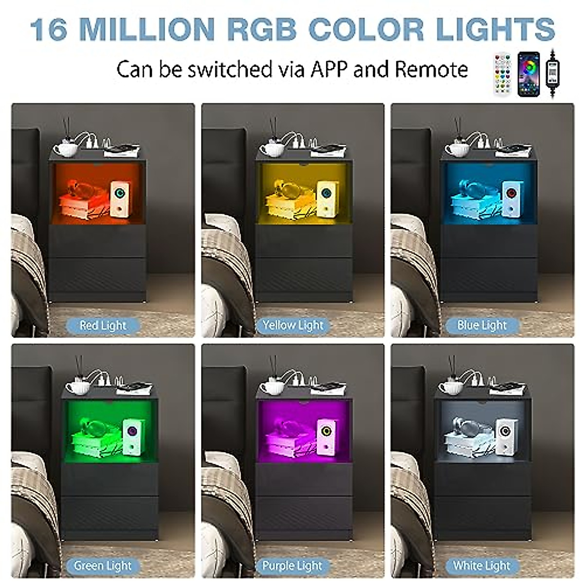 HOMMPA Open Shelf LED Nightstand with Charging Station Modern Black Bedside Table with Led Light 2 Drawers End Side Table High Gloss Night Stand Smart Nightstands Night Table for Bedroom 26.77in Tall