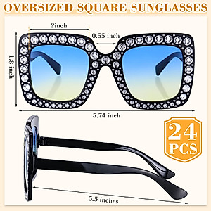 Chuangdi 24 Pairs Women Disco 70s Rhinestone Crystal Sunglasses Bulk 5.7 x 1.8 Large Square Sparkling Sunglasses Thick Frame Diamond Bling Bling Shape Sequins Glass Colorful Retro Party Supplies