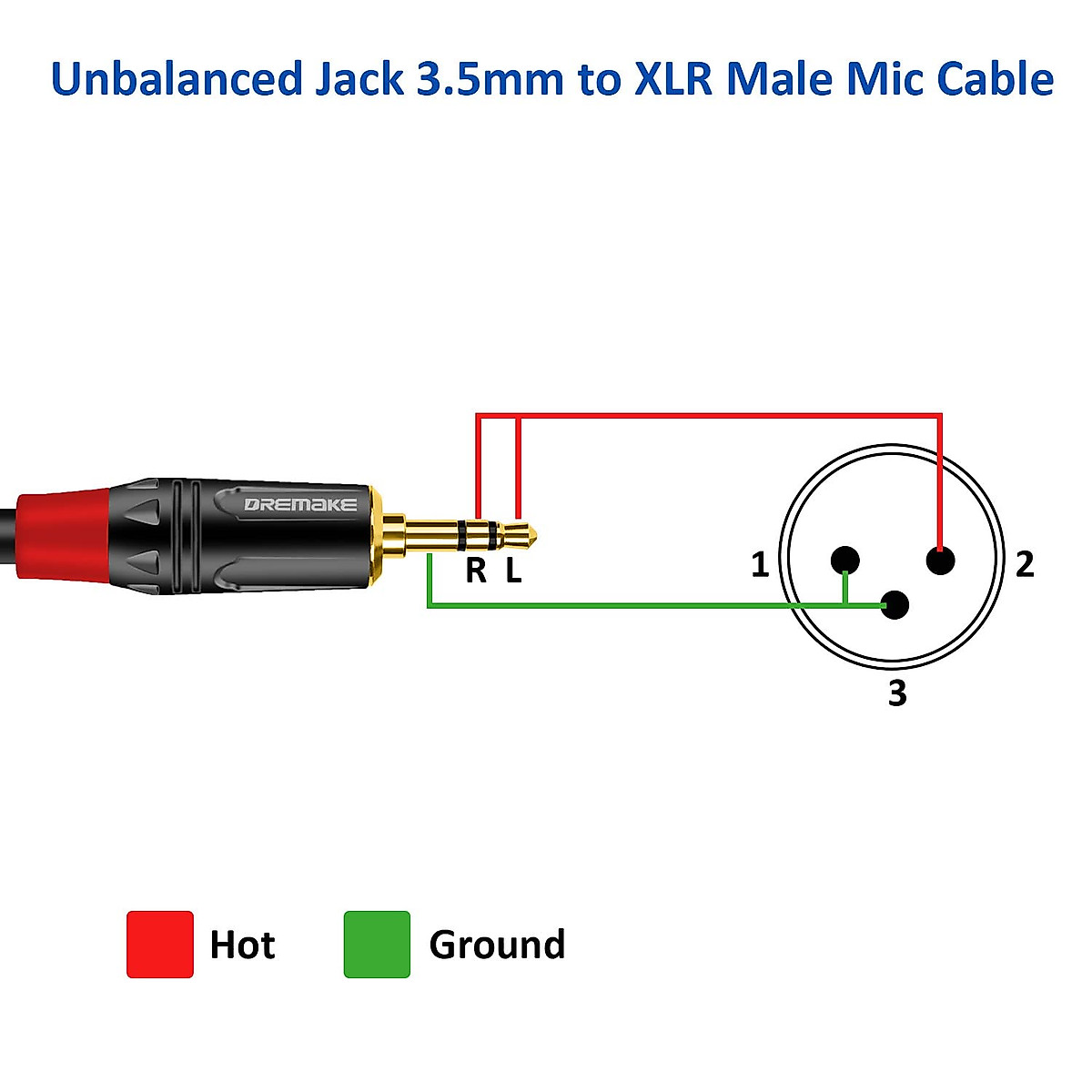 DREMAKE Male XLR to 3.5mm Audio Stereo Cable 3FT, Unbalanced 3.5mm to 3-Pin XLR Male Microphone Cable, Jack 3.5mm 1/8'' to XLR Patch Cable for Computer, Video Camera, Equalizer, Powered Amplifier