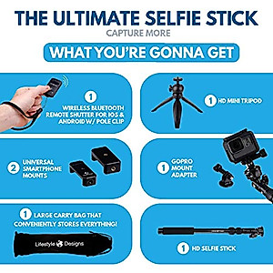 Rugged 4-in-1 Selfie Stick Tripod Stand Kit + Bluetooth Remote – Universal: Any iPhone, Android, GoPro or Camera – iPhone 13 12 11 Pro Mini Max XS XR X 8 7 6 Plus, Samsung etc.