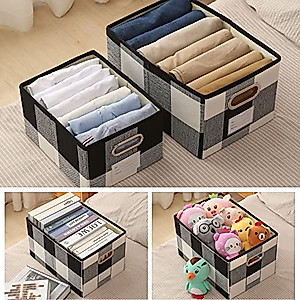 ANMINY 2PCS Storage Bins Set Cotton Linen Fabric Open Storage Basket Box Foldable Washable Rectangular Cube Organizer with Handles Label Window Pocket Thick PP Plastic Board - Medium, Black Plaid