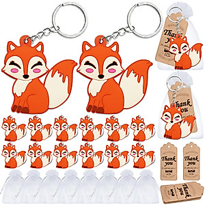 Elecrainbow 60 Pack Fox Party Favors Include 20 Fox Keychains, 20 Thank You Tags, 20 Gift Bags for Woodland Party, Camp Baby Shower, Stay Clever Themed Kids Birthday, Wild ONE First Birthday