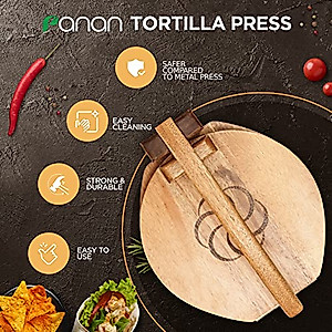 panan Wooden Tortilla Press Mexican Tortillera Presser Made from Natural Food-Grade Acacia Wood - Large Wood Pataconera with 50 Pieces Parchment Paper, Dough Cutter and Recipes eBook (Round 10")