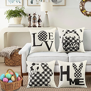 Ohok Easter Pillow Covers 18x18 Set of 4 Spring Pillow Covers Black and White Striped Rabbit Basket Decorative Pillow Covers for Farmhouse Home Decor Sofa Couch Chair Bed Bedroom Living Room