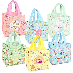 6PCS Happy Easter Egg Hunt Bags Bunny Carrot Chick Metallic Printing Gift with Handles, Treat Bags, Multifunctional Non-Woven for Gifts Wrapping, Party Supplies , 8.3×7.9×5.9inch