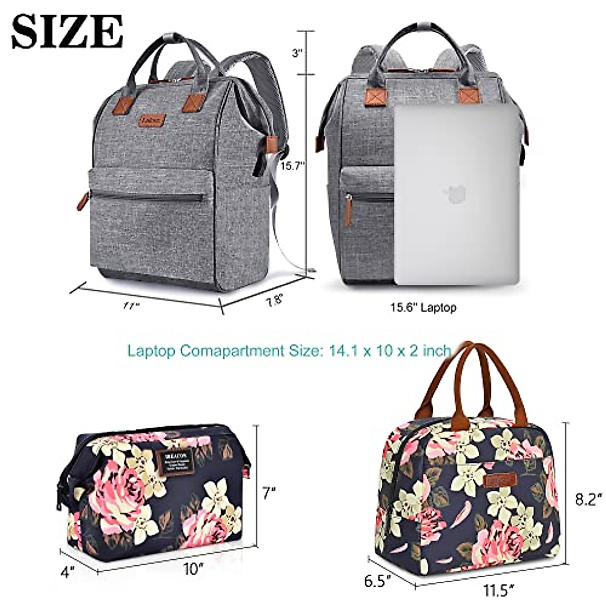 UTOTEBAG Laptop Backpack for Women, Bag Set Backpack for 15.6inch Computer with USB Charging Port, Water Resistant College Nurse Backpack Set with Makeup Bag Lunch Bag for Work/Business/Travel, Gray