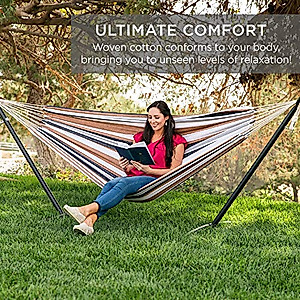 Best Choice Products 2-Person Double Hammock with Stand Set, Indoor Outdoor Brazilian-Style Cotton Bed for Backyard, Camping, Patio w/Carrying Bag, Steel Stand, 450lb Weight Capacity - Desert Stripes