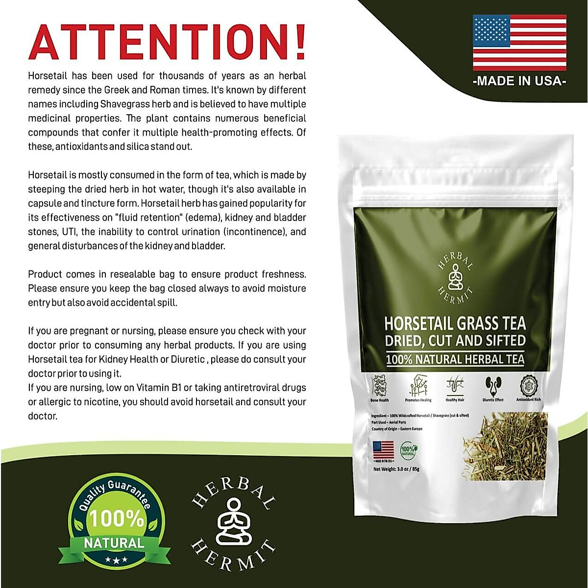 Horsetail Herb Tea for Healthy Urinary Tract, Cola de Caballo Hierba Te Shavegrass Herb | Dried Leaves, Cut and Sifted| 3oz (85 grams)| Made in USA