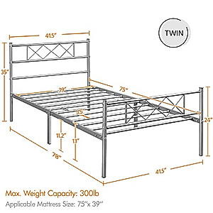 Topeakmart Wrought Iron Twin Bed Frame,Metal Silver Platform with Headboard and Footboard,Mattress Foundation,No Box Spring Needed,Strong Slat Support