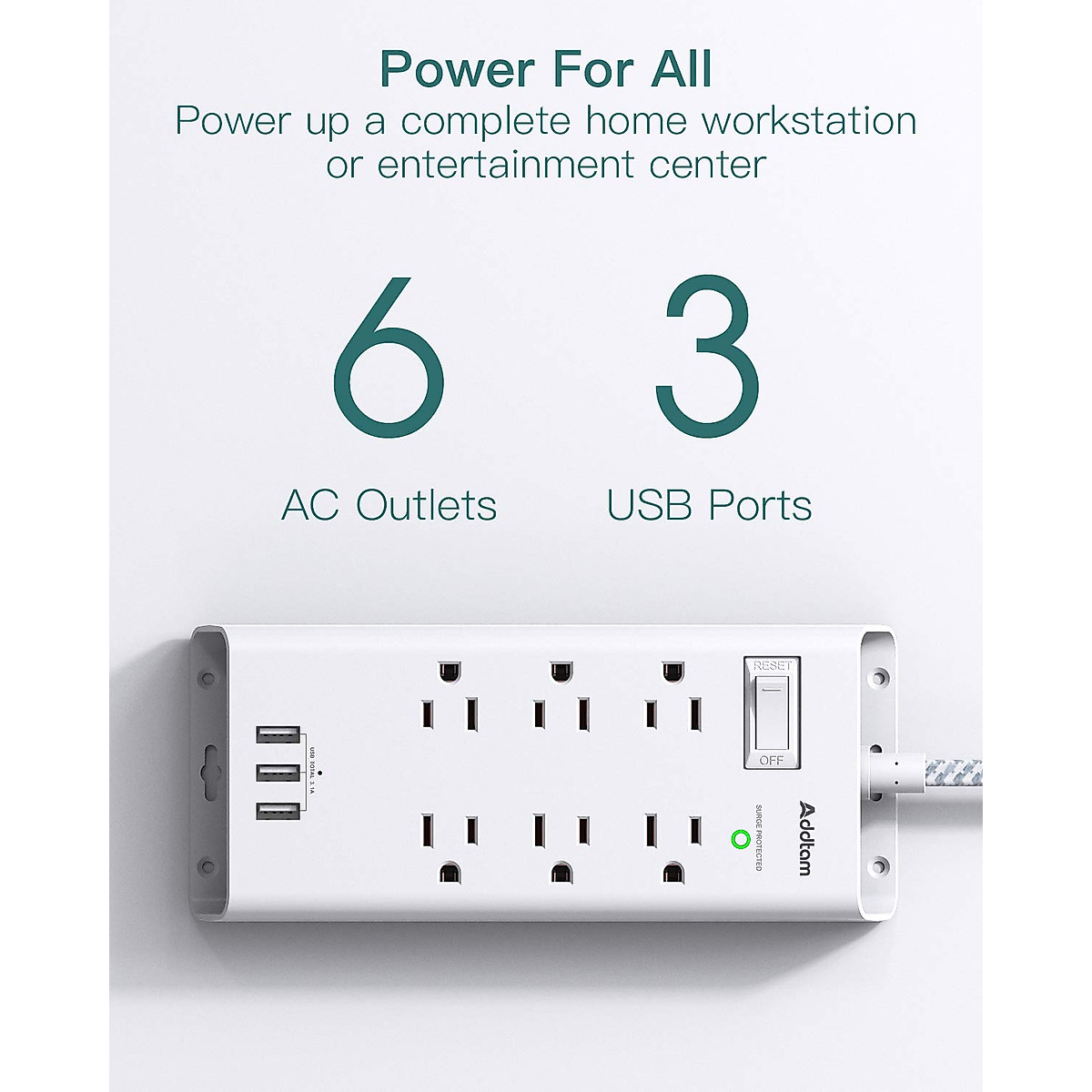 Surge Protector, Outlet Extender with Night Light, Addtam 5-Outlet Splitter and 4 USB Ports(1 USB C) and Power Strip Surge Protector 6 Outlets and 3 USB Ports, Wall Mount for Home, Office and Dorm