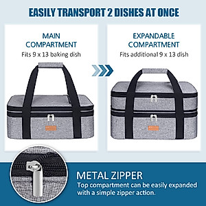 Poruary Double Casserole Carrier for Hot or Cold Food,Expandable Insulated Bag,Perfect Lasagna Holder Tote for Potlucks, Picnics,Beaches,Traveling or Gifts,Fits 9“x13” Baking Dish,Gray