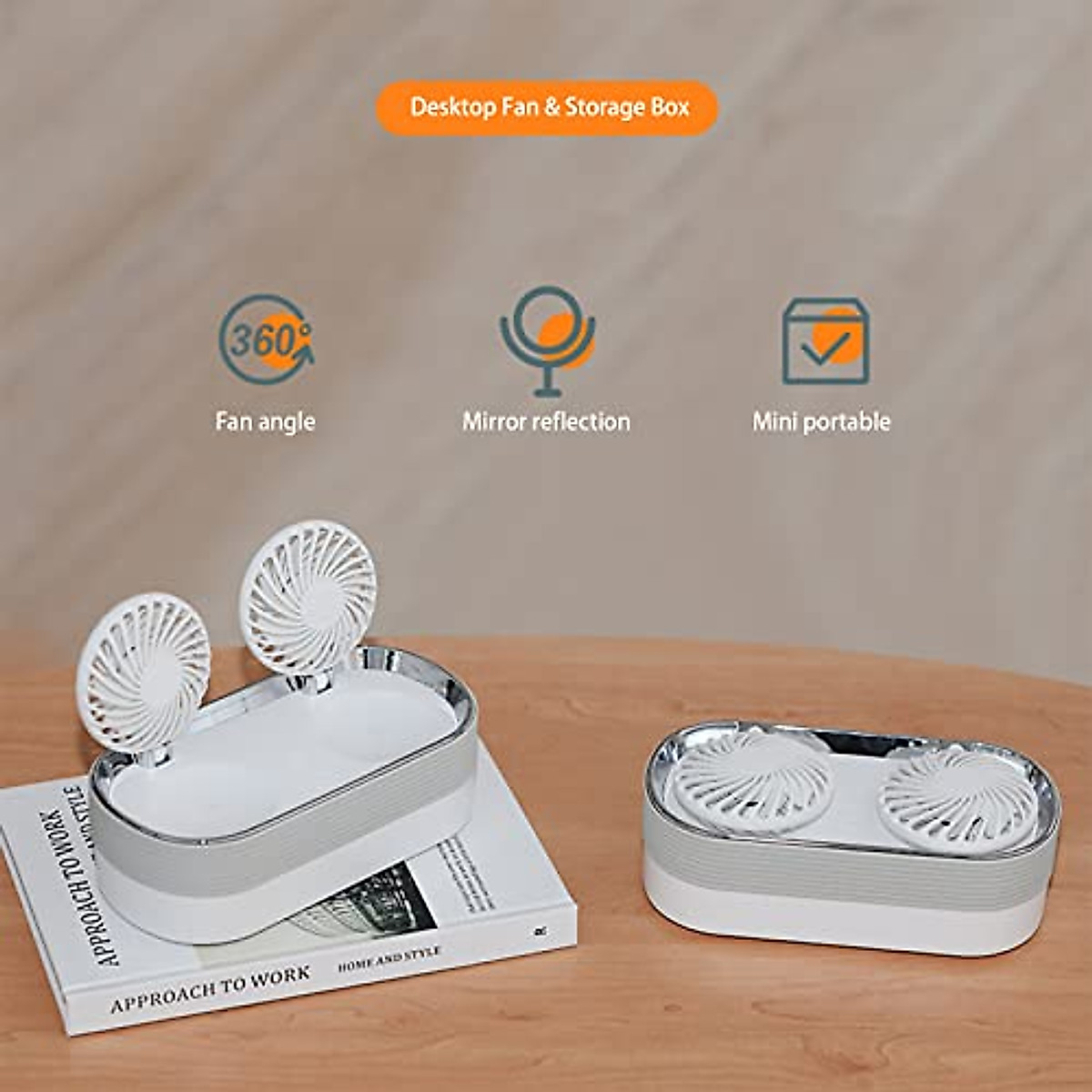 HUIQIMEI Portable Mini Desk Fan Storage Box Multifunction USB Fan 2-in-1 Double Rechargeable Fans 360° Adjustable Angle Mute Suitable for Home Office Travel Outdoor Good Gift