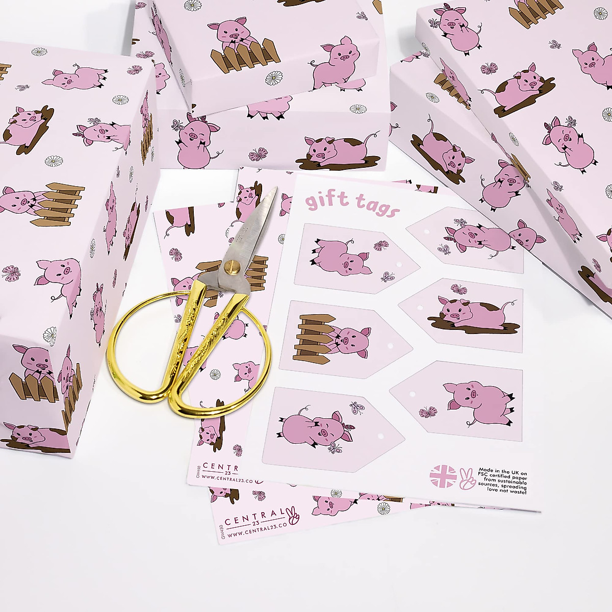 CENTRAL 23 Pig Wrapping Paper - 6 Sheets of Gift Wrap - Pink Wrapping Paper Sheets for Girls - Comes with Fun Stickers - Made in the UK